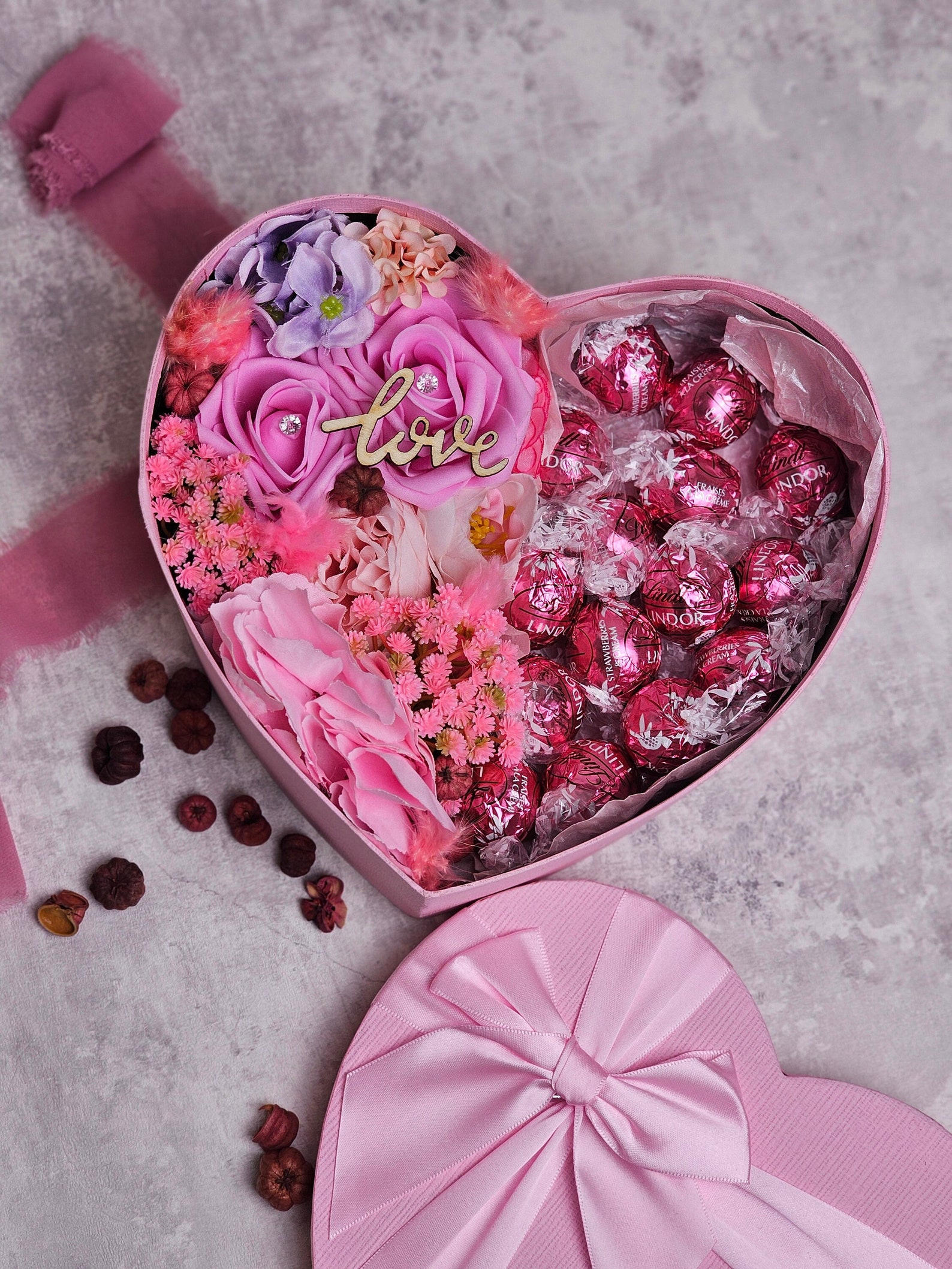 Pink Heart Gift Hamper With Chocolates and Flowers,romantic Gift ...