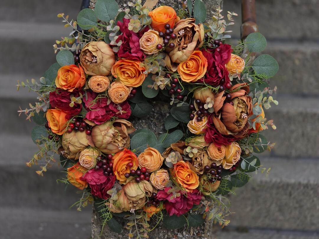 Large Autumn Peony Wreath for Front Door,orange Roses Burgundy Berries ...