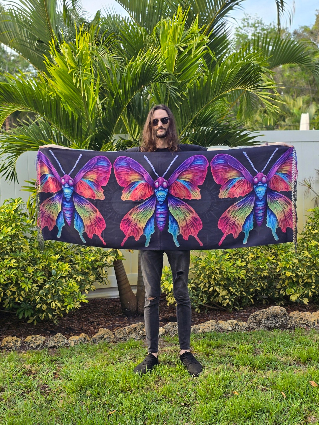 Rainbow Death Moth Reversible Rave Pashmina - Festival/edm Shawl - by ...