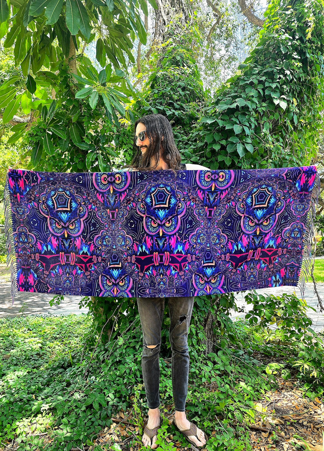 Trippy Fractal Owl Reversible Rave Pashmina - Festival/edm Shawl - by ...