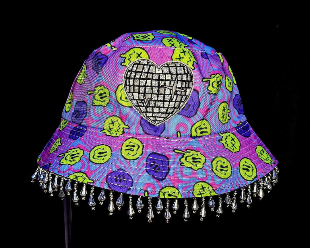 Swirly Drippy Smiley Face Rave Bucket Hat W/ Embellishments by Plurfect ...
