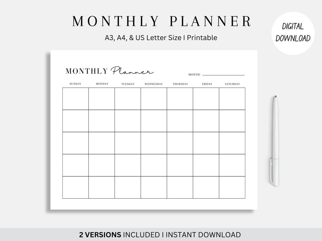 Undated Monthly Planner Printable, Digital Monthly Planners, Monthly ...