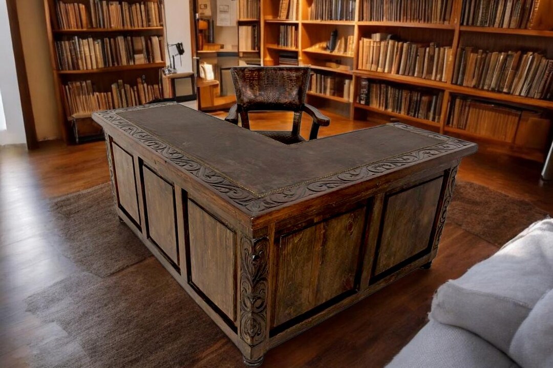 Regency L-shape Desk | Leather Top Executive Desk | Handmade Wooden ...