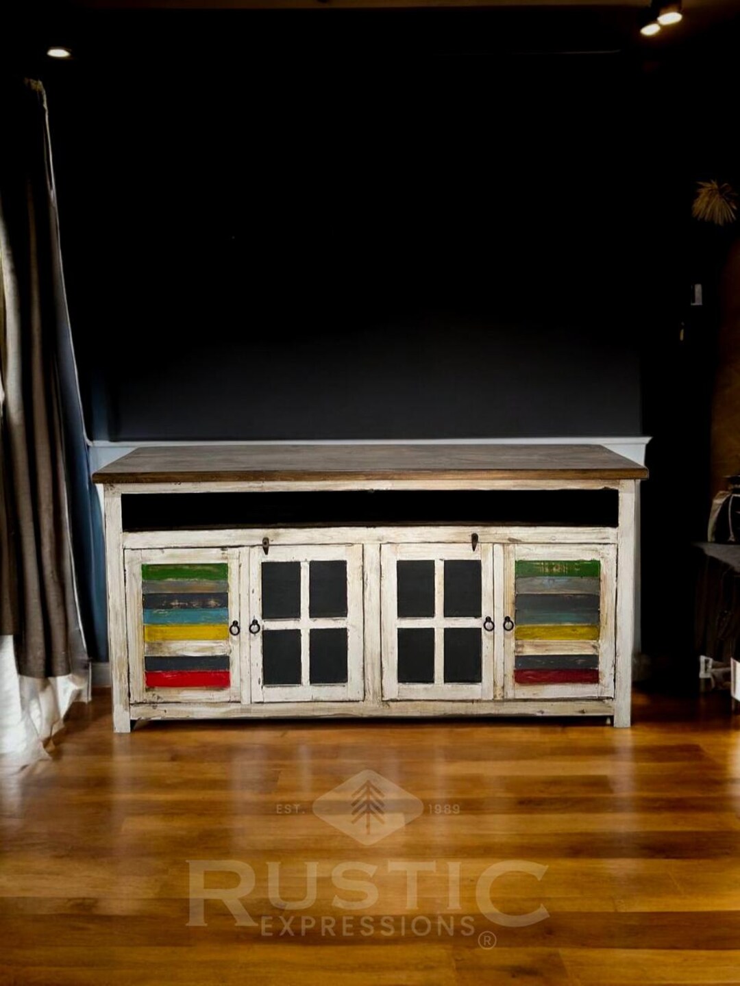 Shutter Glass Doors TV Console, Rustic Reclaimed Wood Cabinet ...