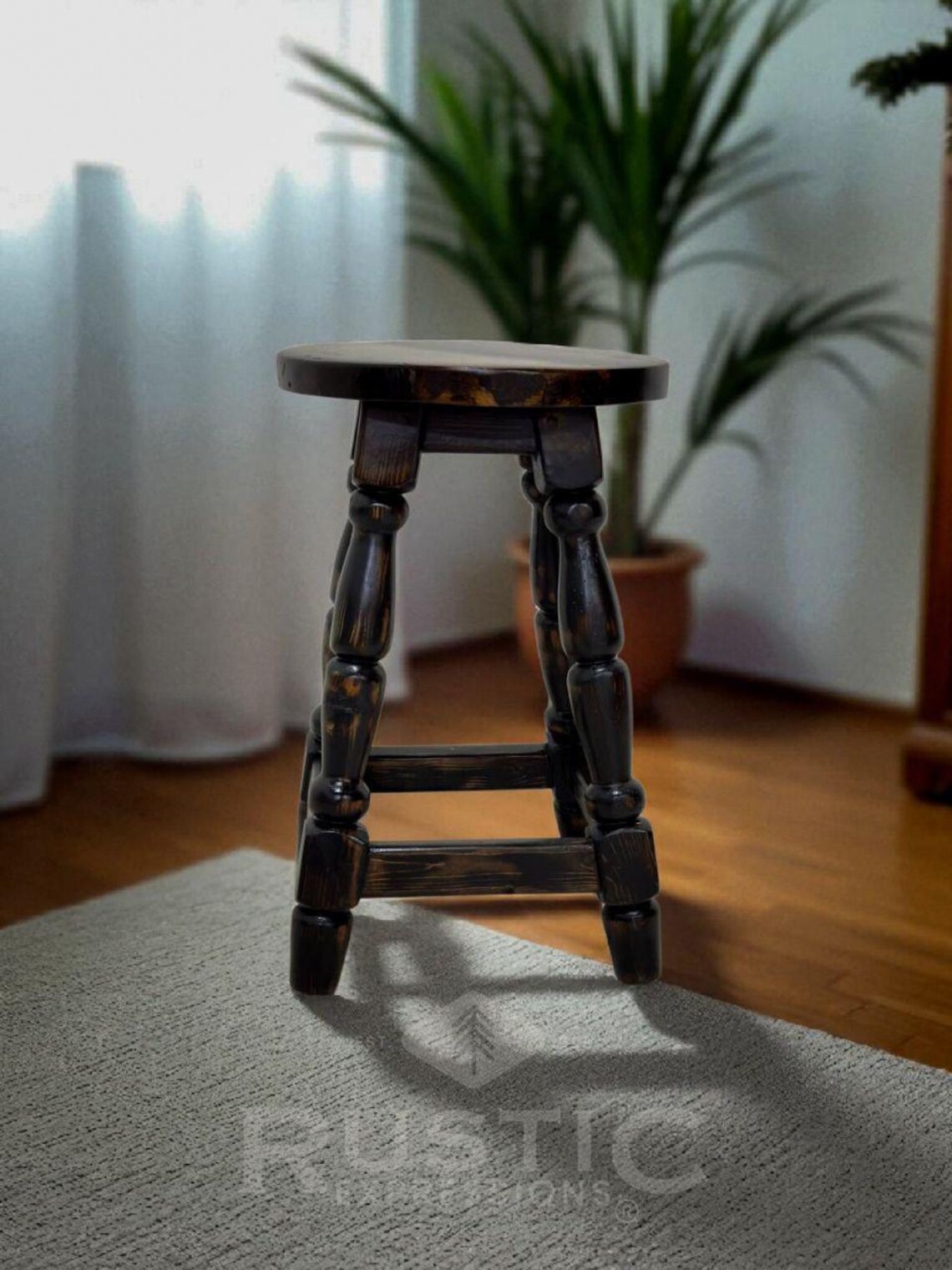 Round Turned Stool, Wooden Round Stool, Rustic Bar Stool, Rustic ...