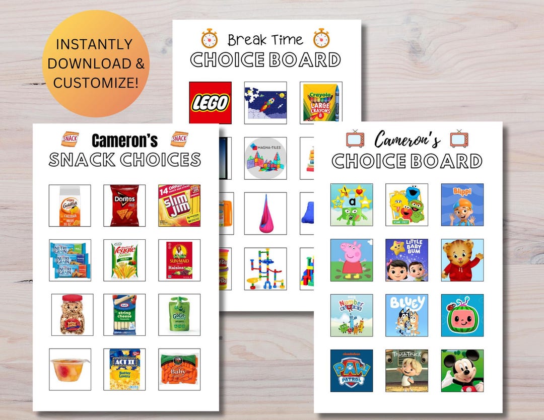 Customizable Choice Board Bundle; TV; Snack; Break Time; Sensory ...