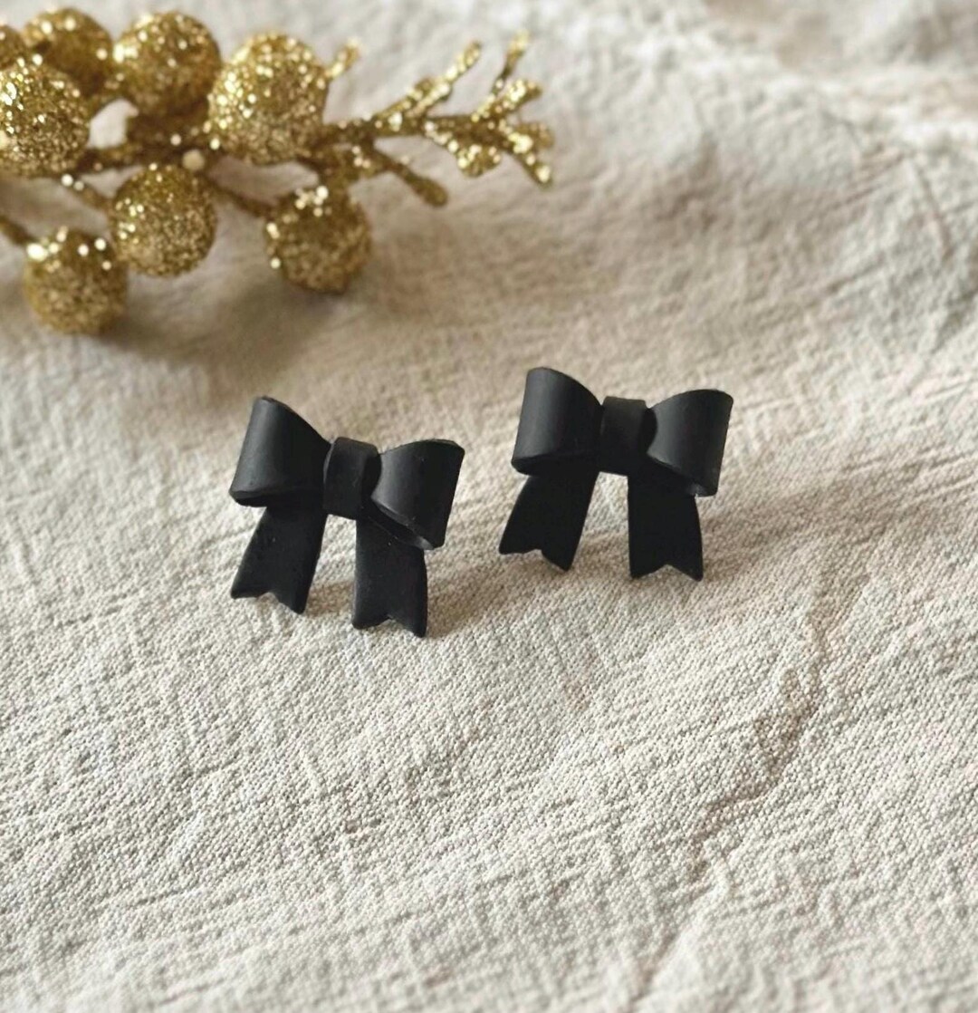 Black Bow Statement Studs, Polymer Clay Earrings - Etsy