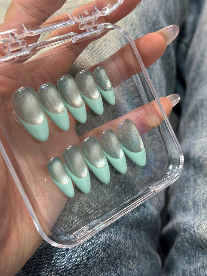 Mint Green French Tip Press on Nails | Cat Eye Glitter Almond Nails - Etsy
