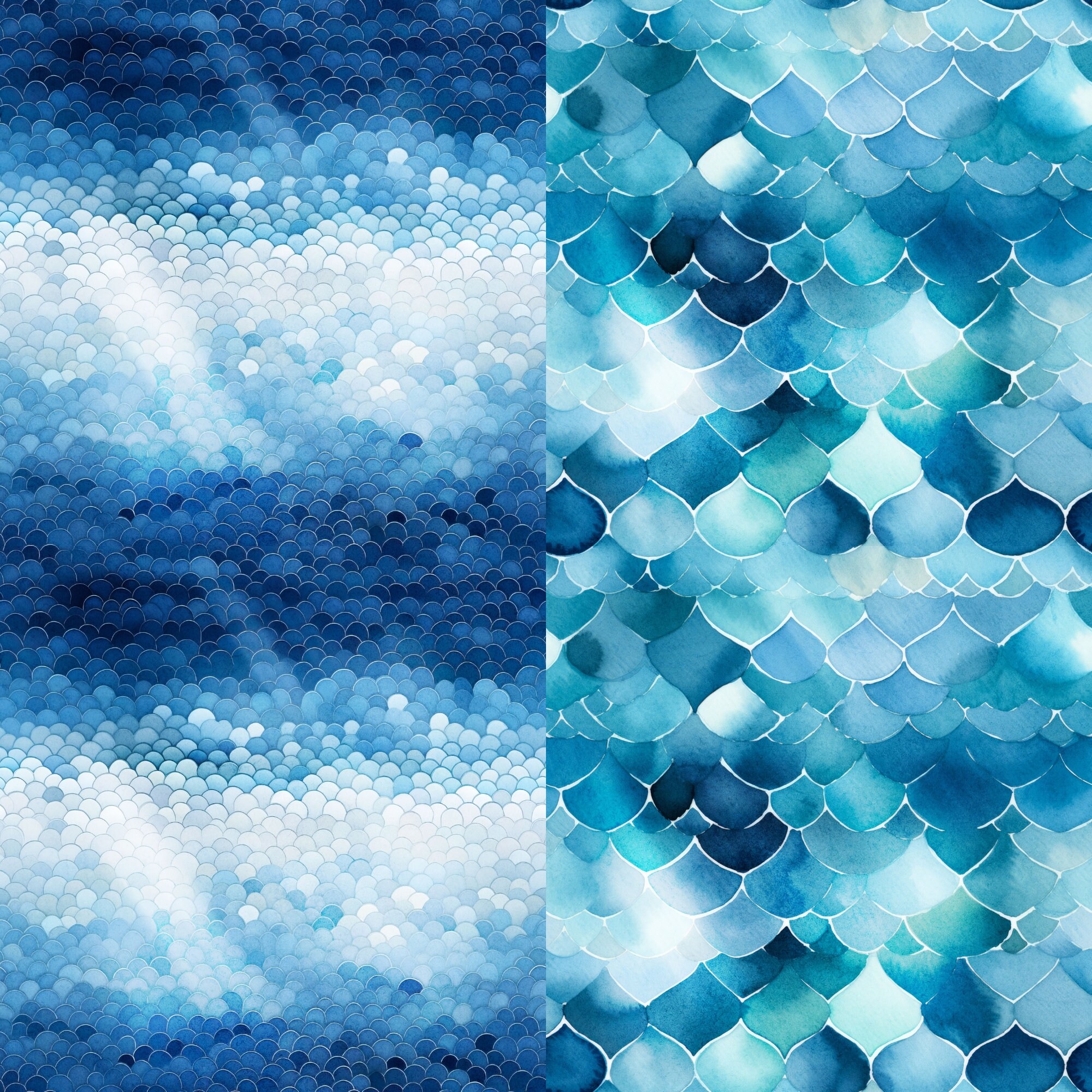 Blue Watercolor Seamless Digital Paper-mermaid Scales-blue Sky-chevron ...