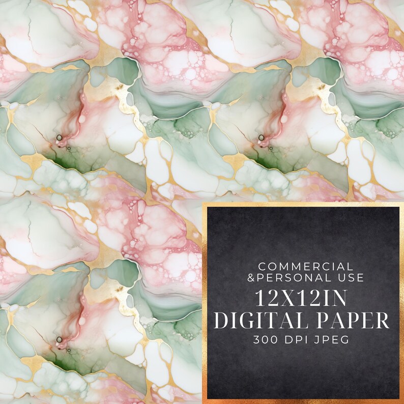 Sage Green, Blush Pink & Gold Alcohol Ink Foil Seamless Digital Paper ...