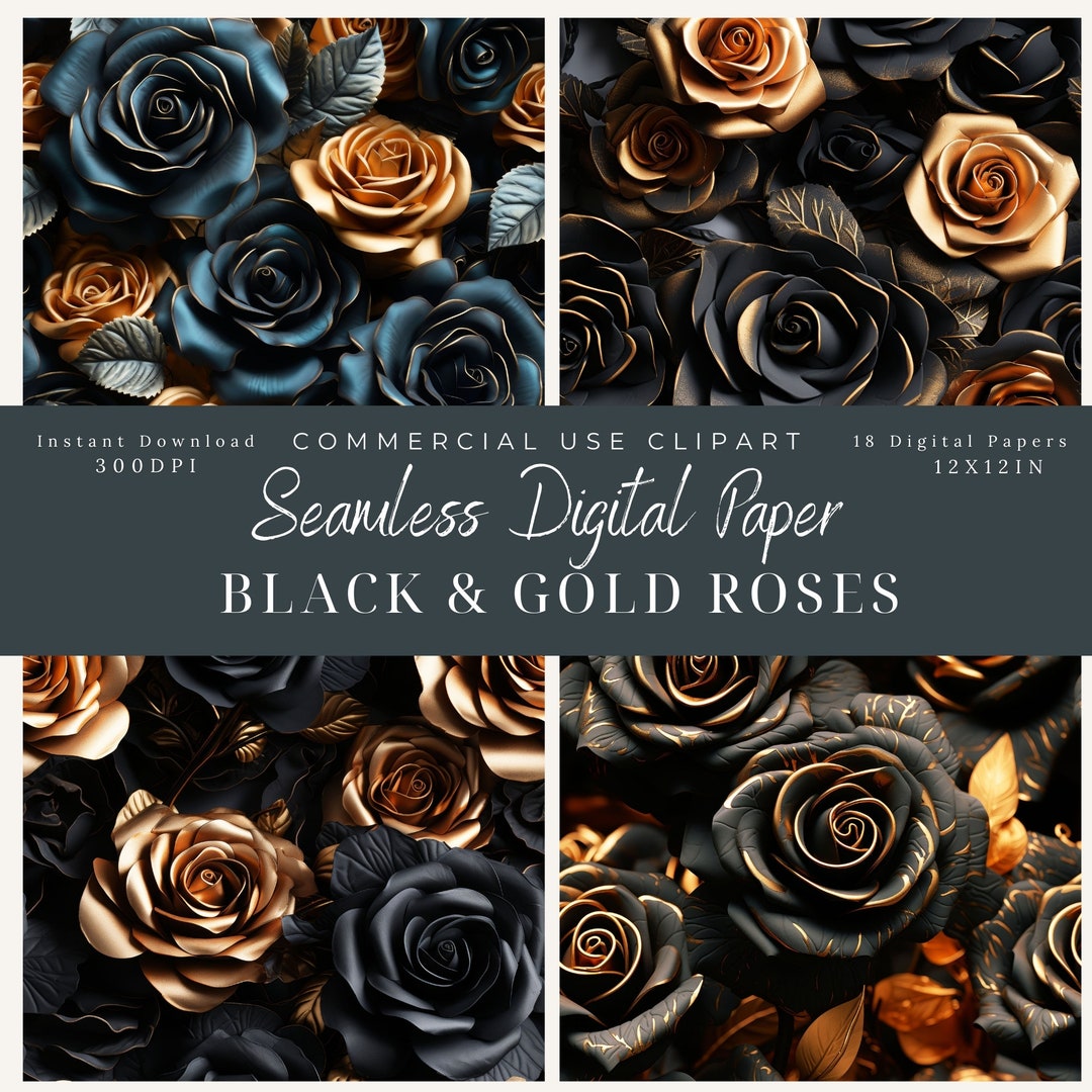 Black & Gold Roses Seamless Digital Paper: Gothic Floral Backgrounds ...
