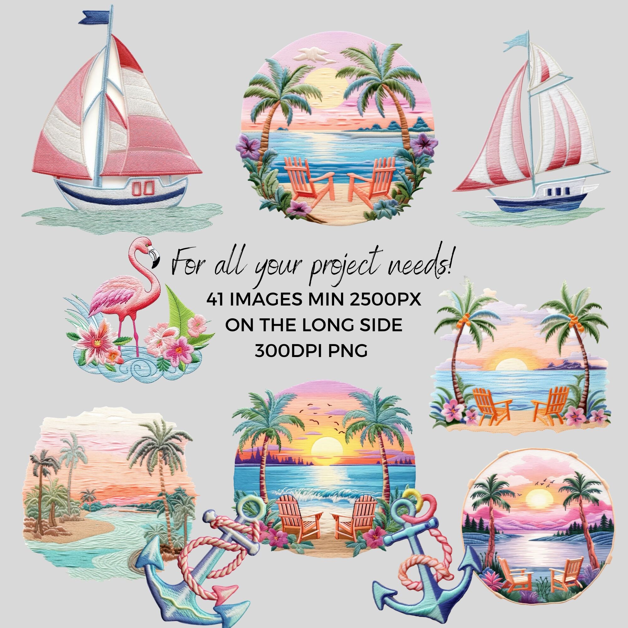 Pastel Summer Beach Embroidery Designs Clipart | Craft | Digital ...
