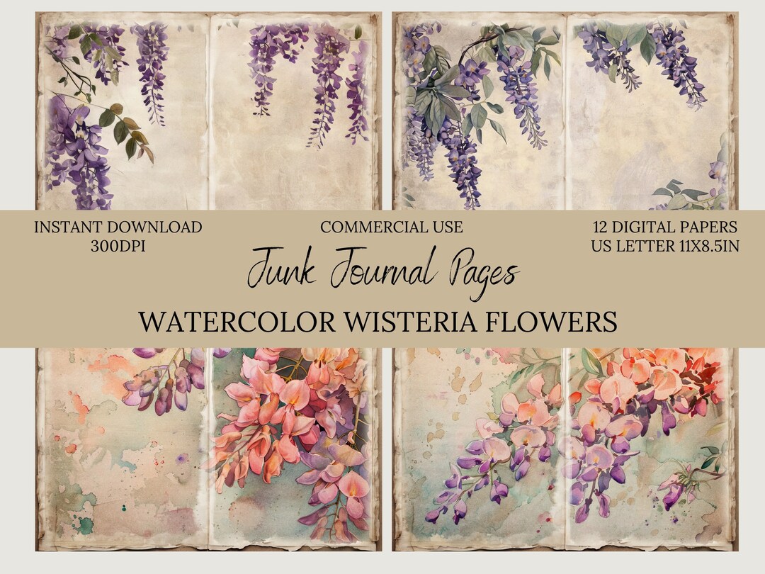 Wisteria Flower Digital Paper Junk Journal Pages-watercolor Spring ...