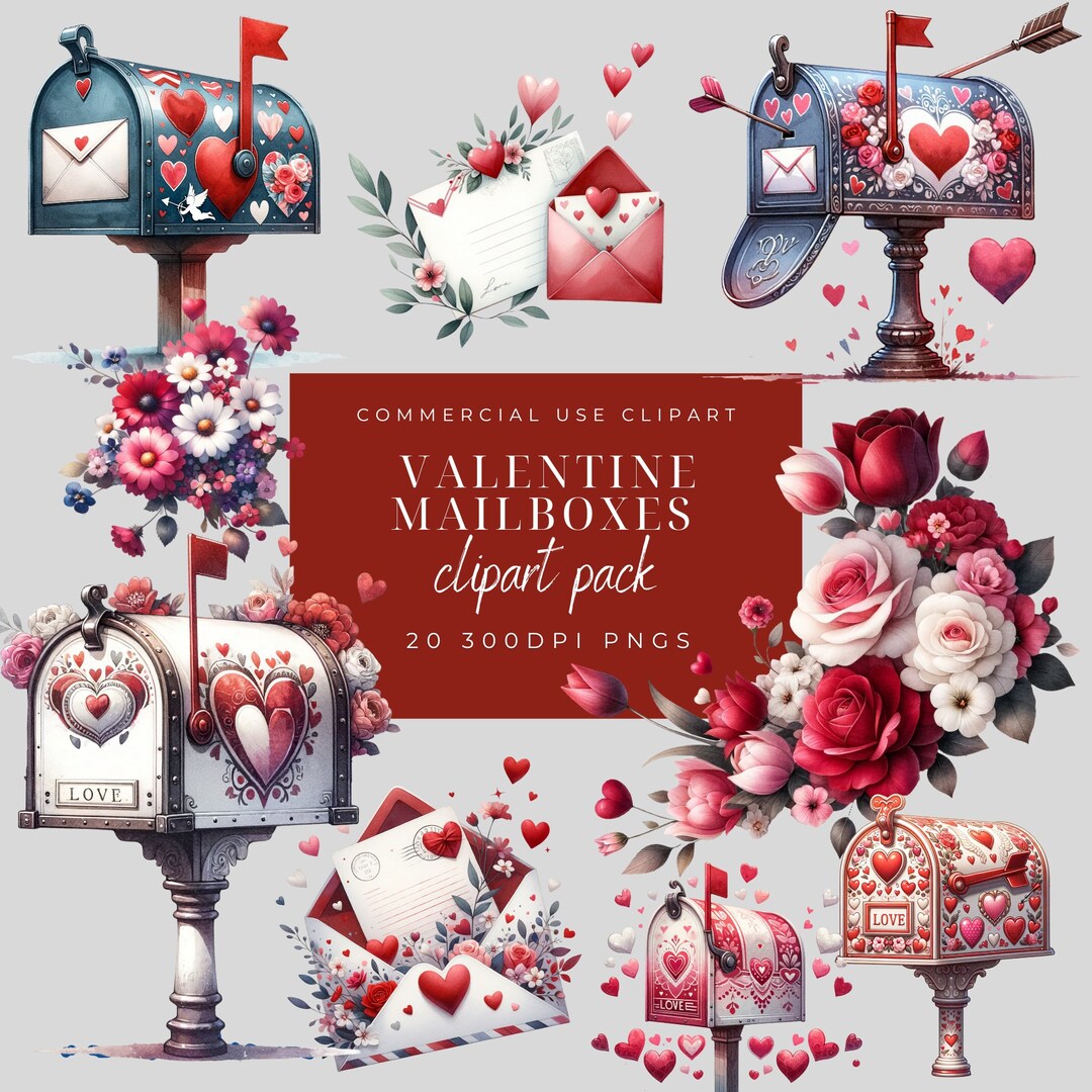Watercolor Valentines Mailbox Clipart -mailboxes, Stationary Scenes ...