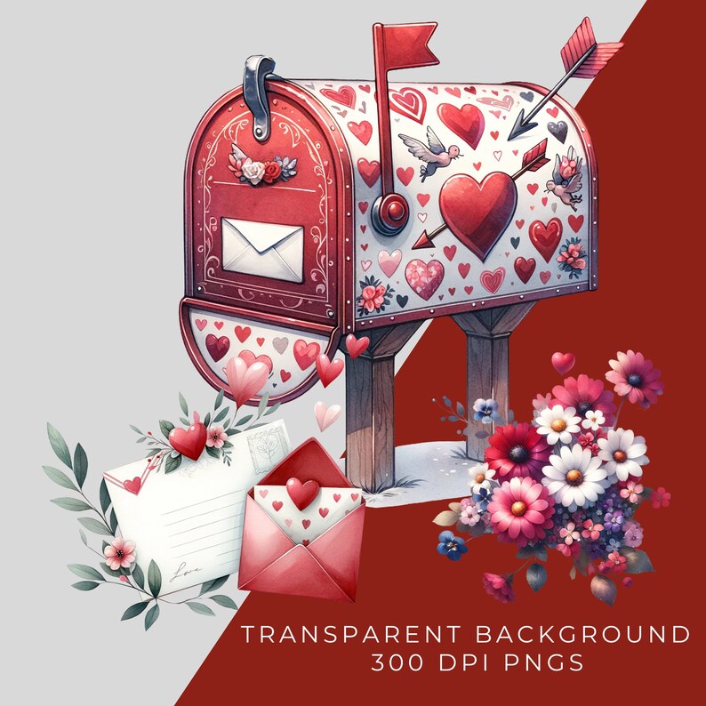 Watercolor Valentines Mailbox Clipart -mailboxes, Stationary Scenes ...