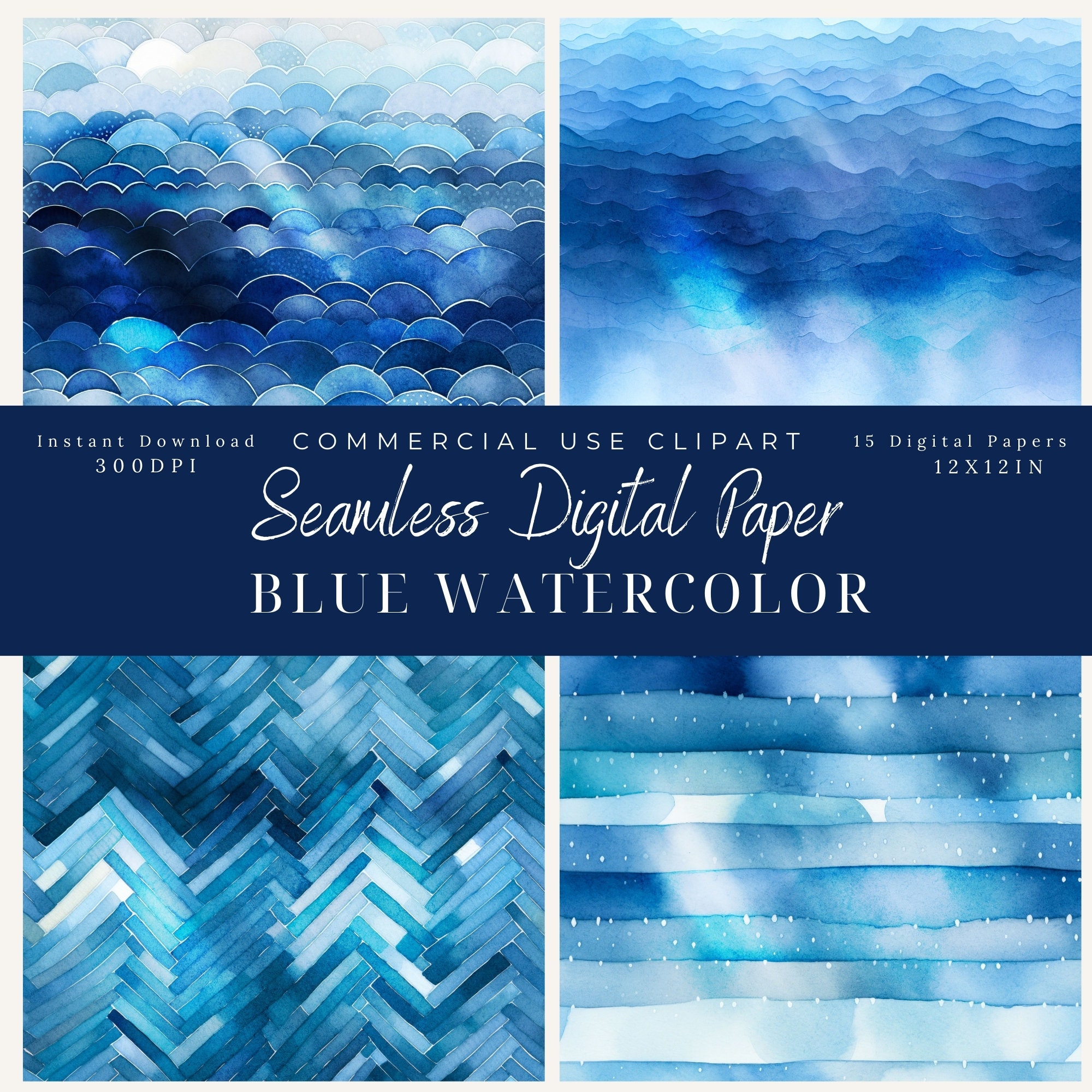 Blue Watercolor Seamless Digital Paper-mermaid Scales-blue Sky-chevron ...