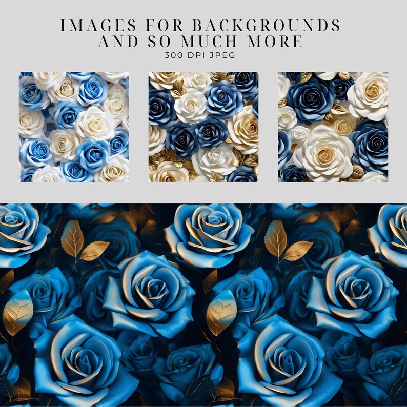 Blue and Gold Roses Seamless Digital Paper Clipart, Floral Patterns ...