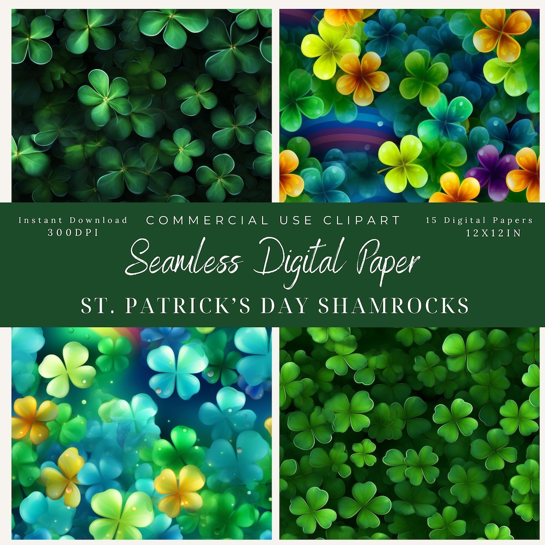St. Patrick's Day Shamrock & Rainbow Seamless Digital Paper, Clovers ...