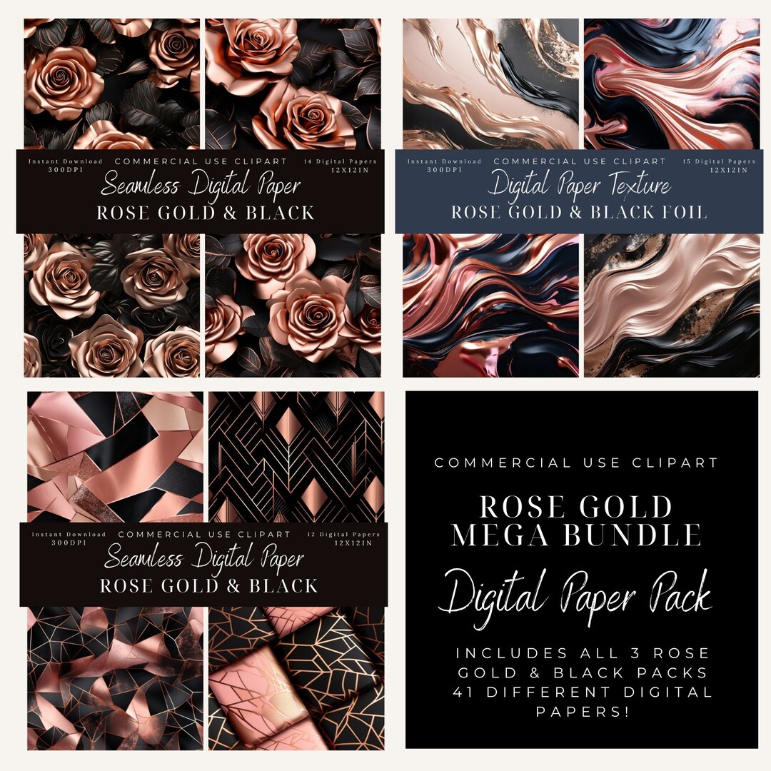 Rose Gold & Black Digital Paper Clipart Mega Bundle-rose Gold Metallic ...