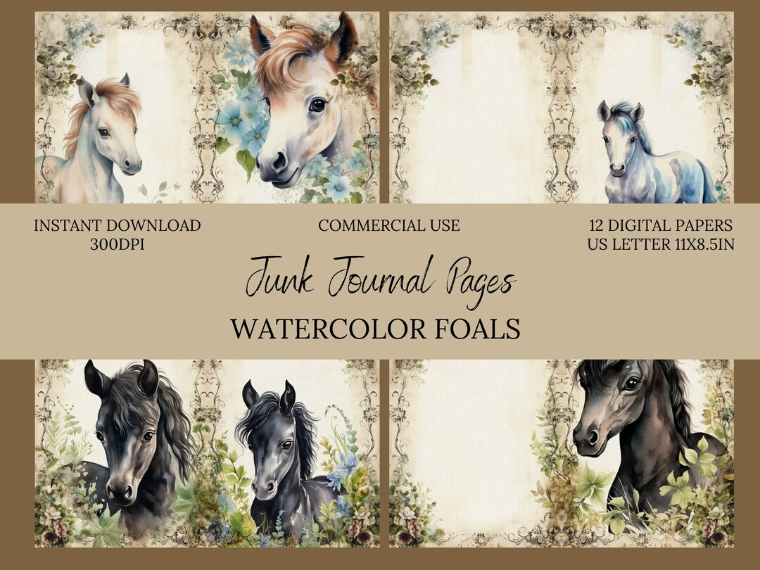 Watercolor Horse Junk Journal Pages-foals and Floral Digital Paper ...