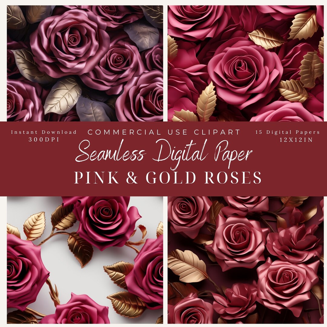 Pink & Gold Roses Seamless Digital Paper, Floral Patterns-rose ...