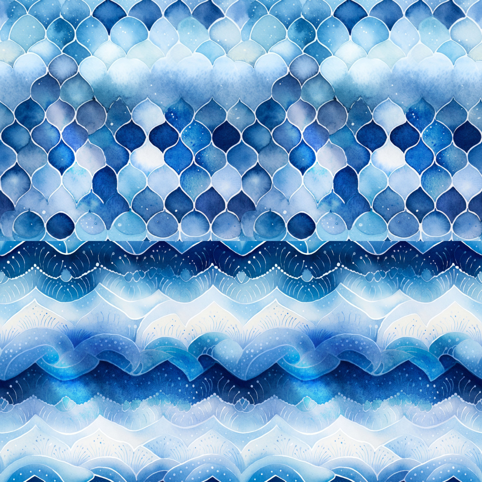 Blue Watercolor Seamless Digital Paper-mermaid Scales-blue Sky-chevron ...