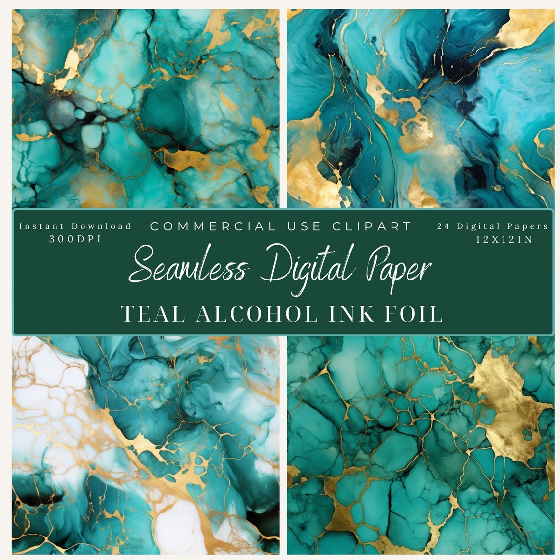 Teal Foil Alcohol Ink Seamless Digital Paper Clipart-metallic Marble ...