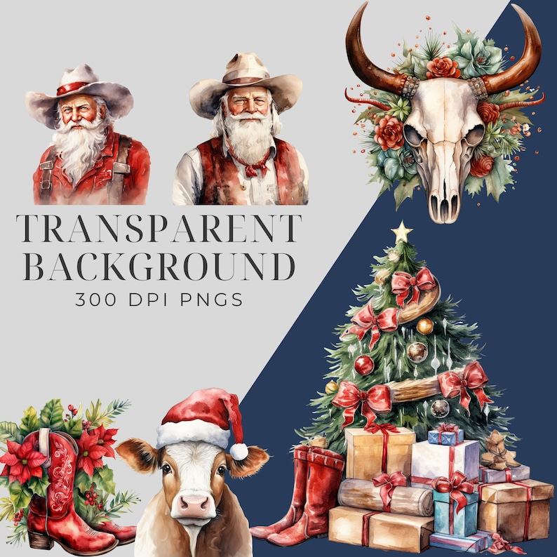 Watercolor Western Christmas Clipart Pack -western Santa- Cowboy Santa ...