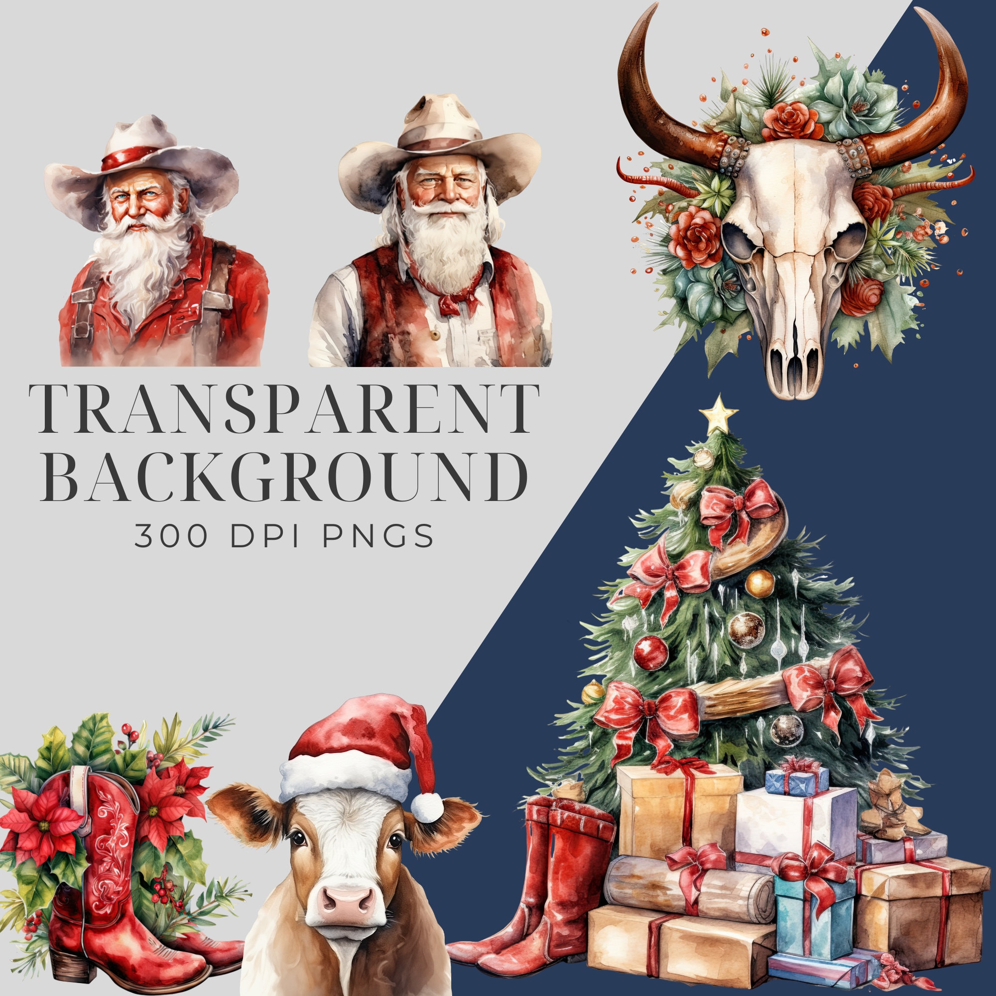 Watercolor Western Christmas Clipart: Cowboy Santa Pngs (46 Files) - Etsy