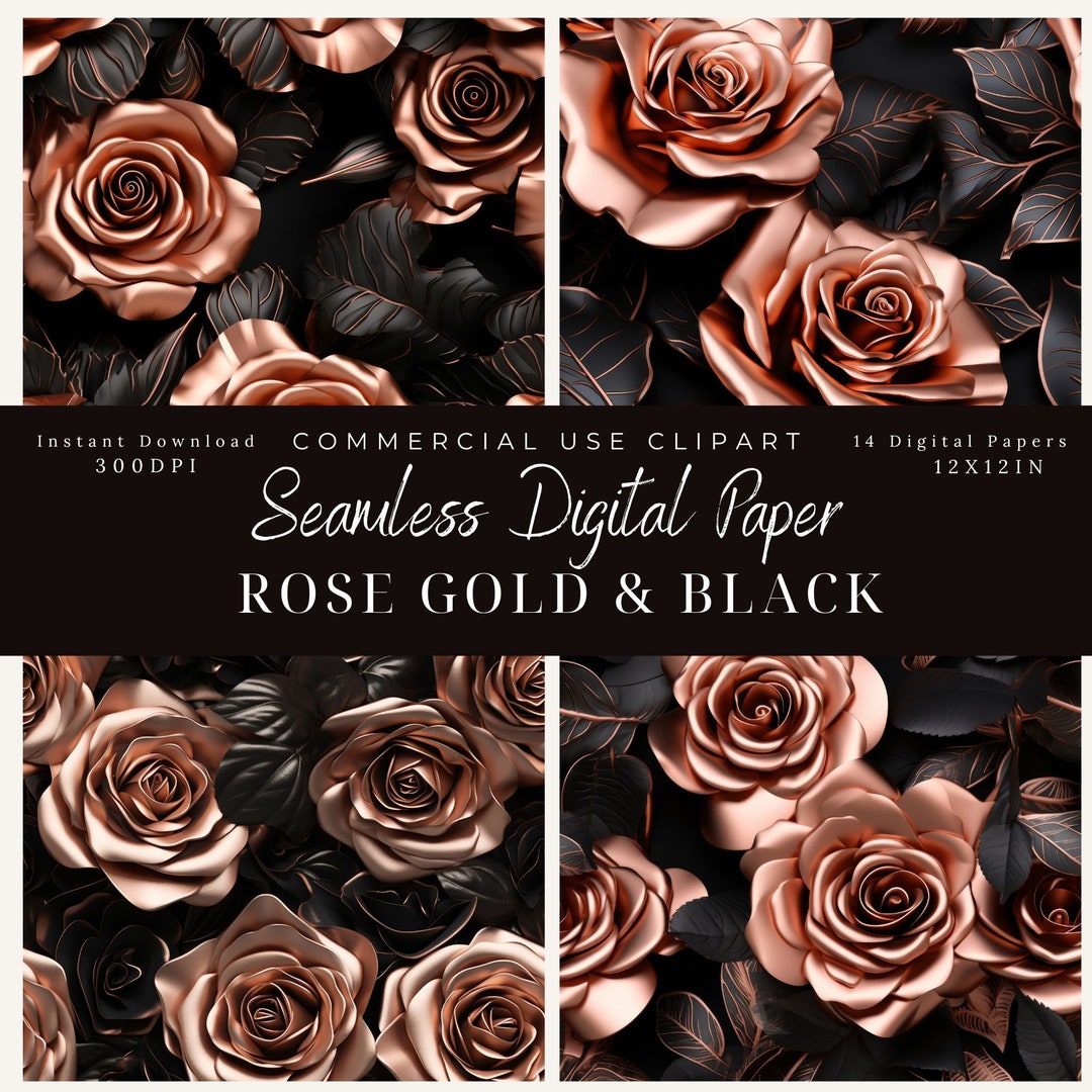 Rose Gold & Black Roses Seamless Digital Paper: Gothic Floral Clipart ...