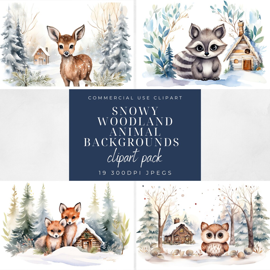 Winter Woodland Animals Watercolor Clipart: Snowy Forest JPEG (300DPI ...