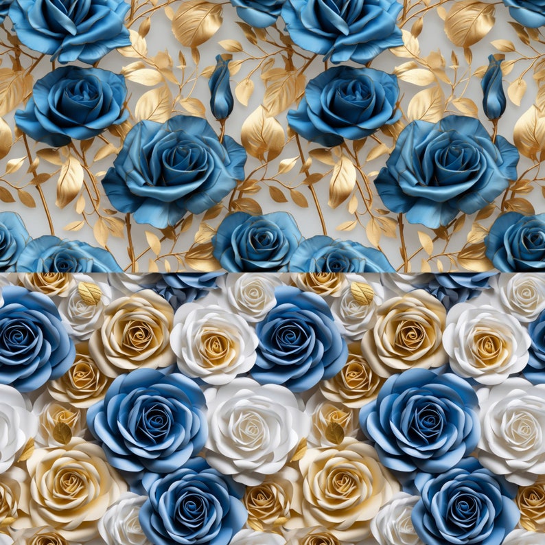 Blue and Gold Roses Seamless Digital Paper Clipart, Floral Patterns ...
