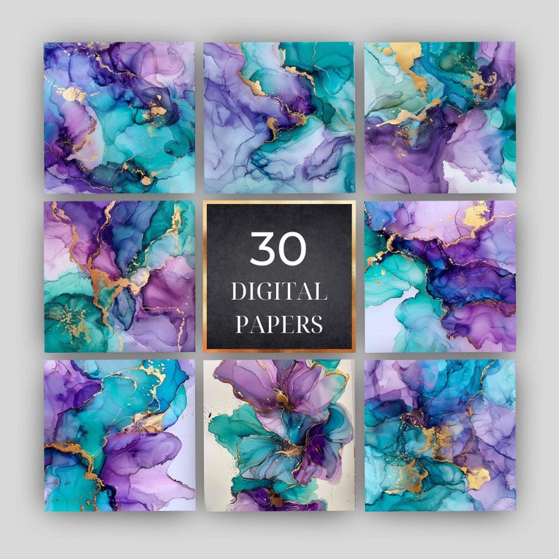 Alcohol Ink Digital Paper Bundle-purple & Teal Texture Clipart-jpeg ...