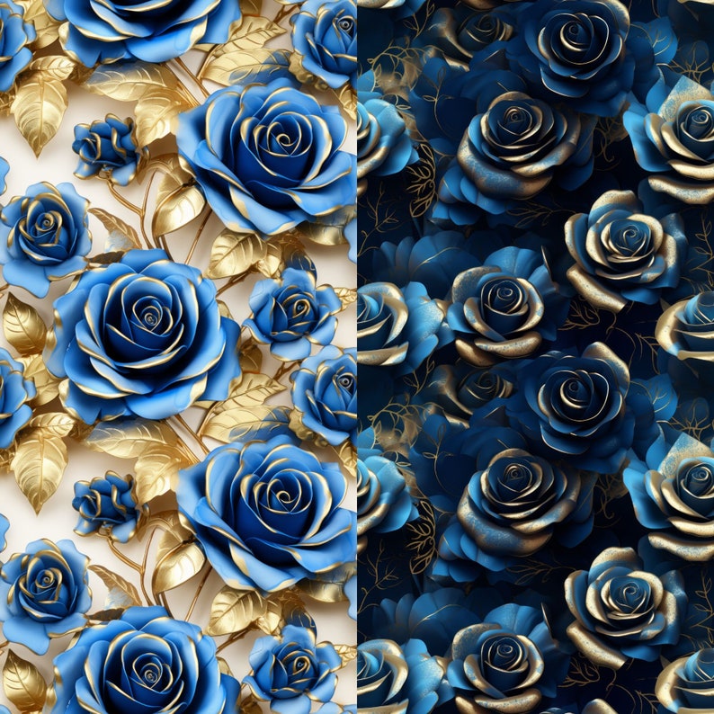 Blue and Gold Roses Seamless Digital Paper Clipart, Floral Patterns ...