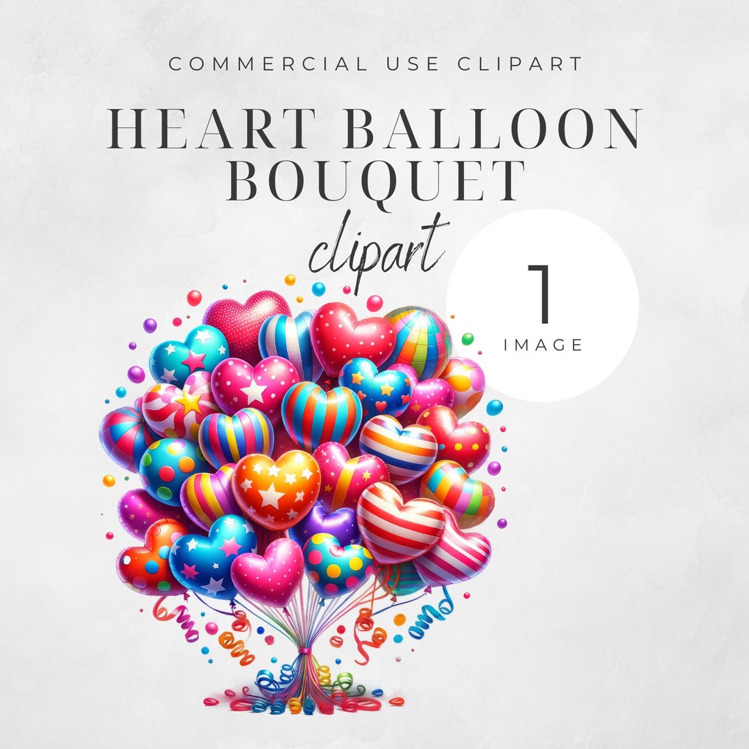 Heart Balloon Bouquet Clipart: Valentine's Day PNG, Commercial Use - Etsy