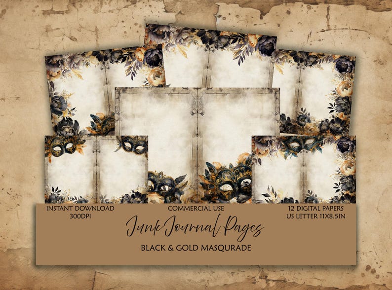 Masquerade Junk Journal Paper-digital Paper-black and Gold Florals ...