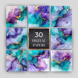 Alcohol Ink Digital Paper Bundle-purple & Teal Texture Clipart-jpeg ...