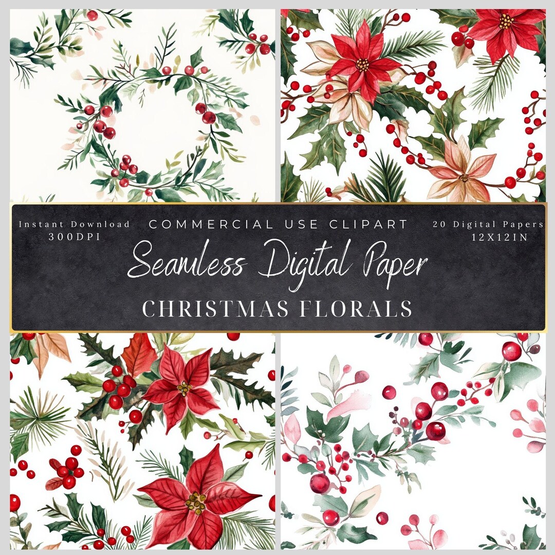 Christmas Florals Seamless Digital Paper Texture-commercial Use ...
