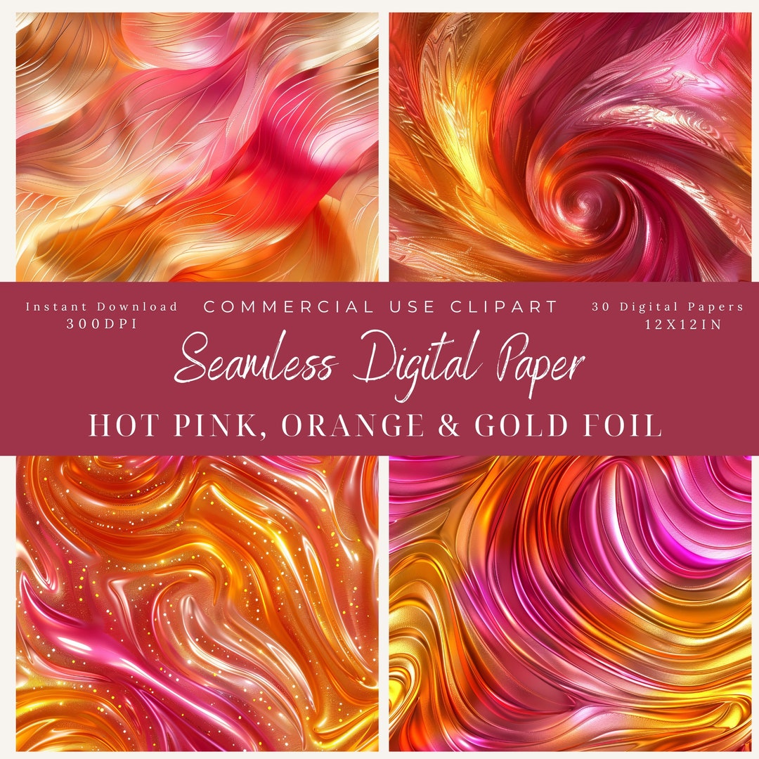 Hot Pink, Orange & Gold Foil Seamless Digital Paper-commercial Use ...