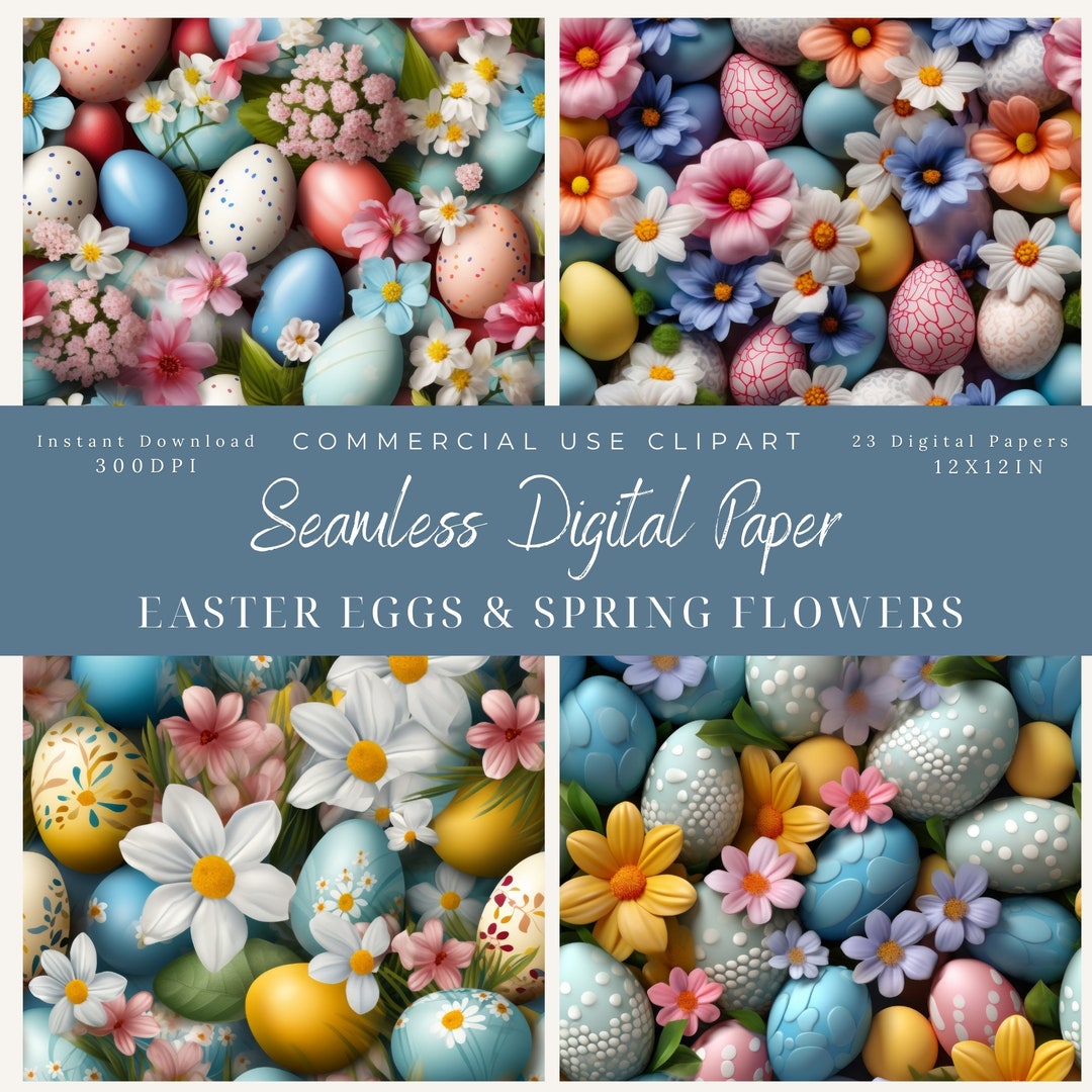 Easter Digital Paper Seamless Easter Eggs & Spring Flowers, Easter ...