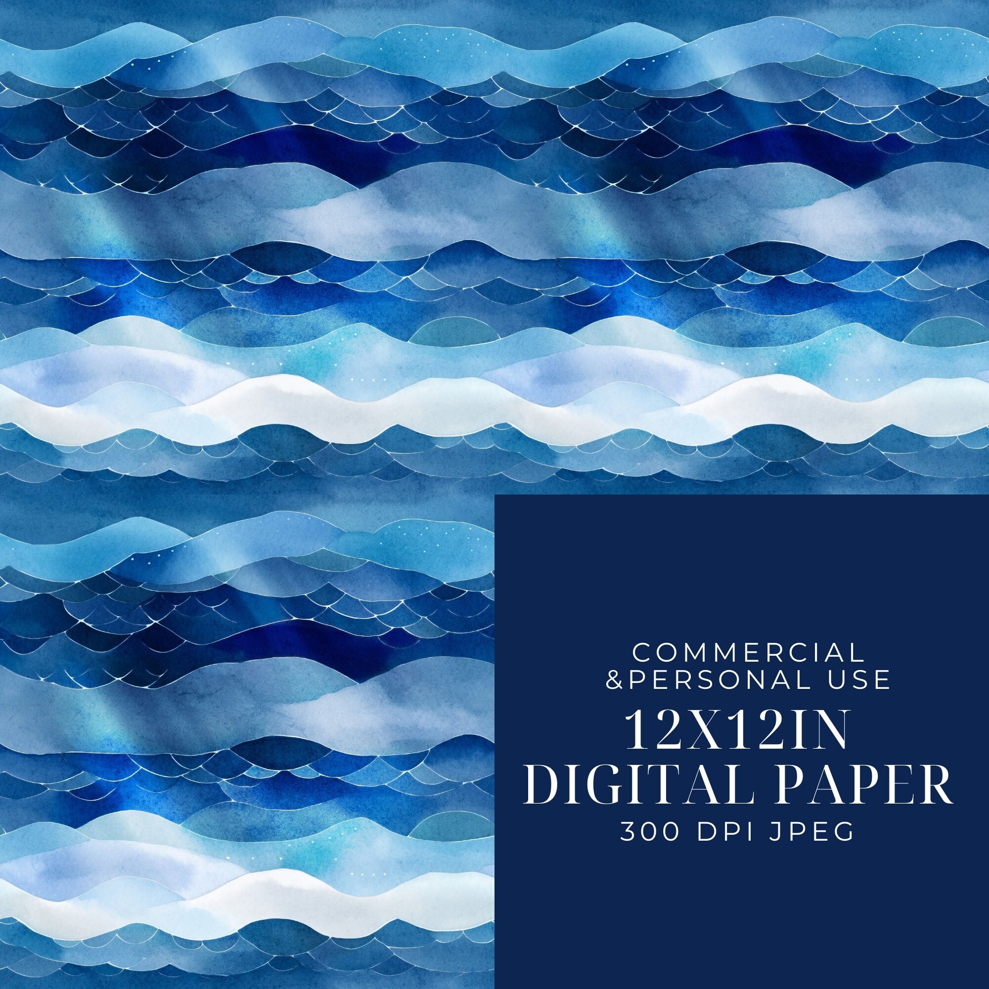 Blue Watercolor Seamless Digital Paper-mermaid Scales-blue Sky-chevron ...