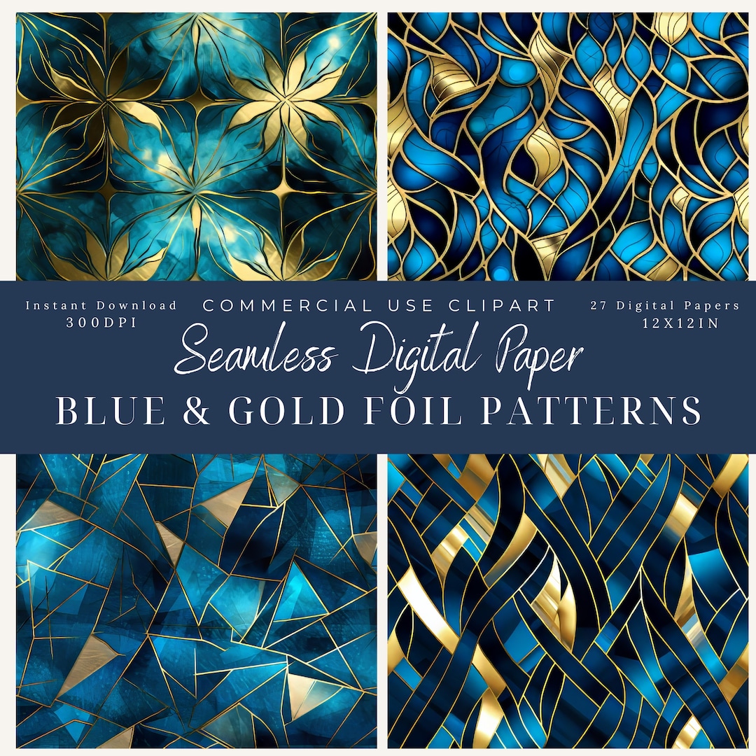 Blue & Gold Foil Patterns Seamless Digital Paper Clipart-commercial Use ...