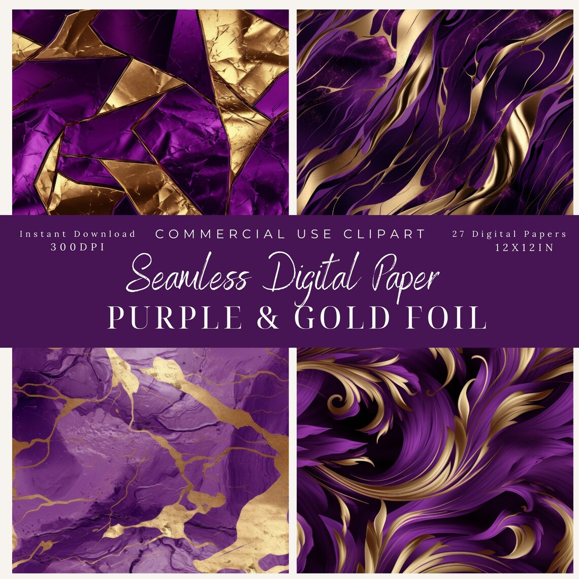 Purple & Gold Foil Texture Seamless Digital Paper Clipart-commercial ...