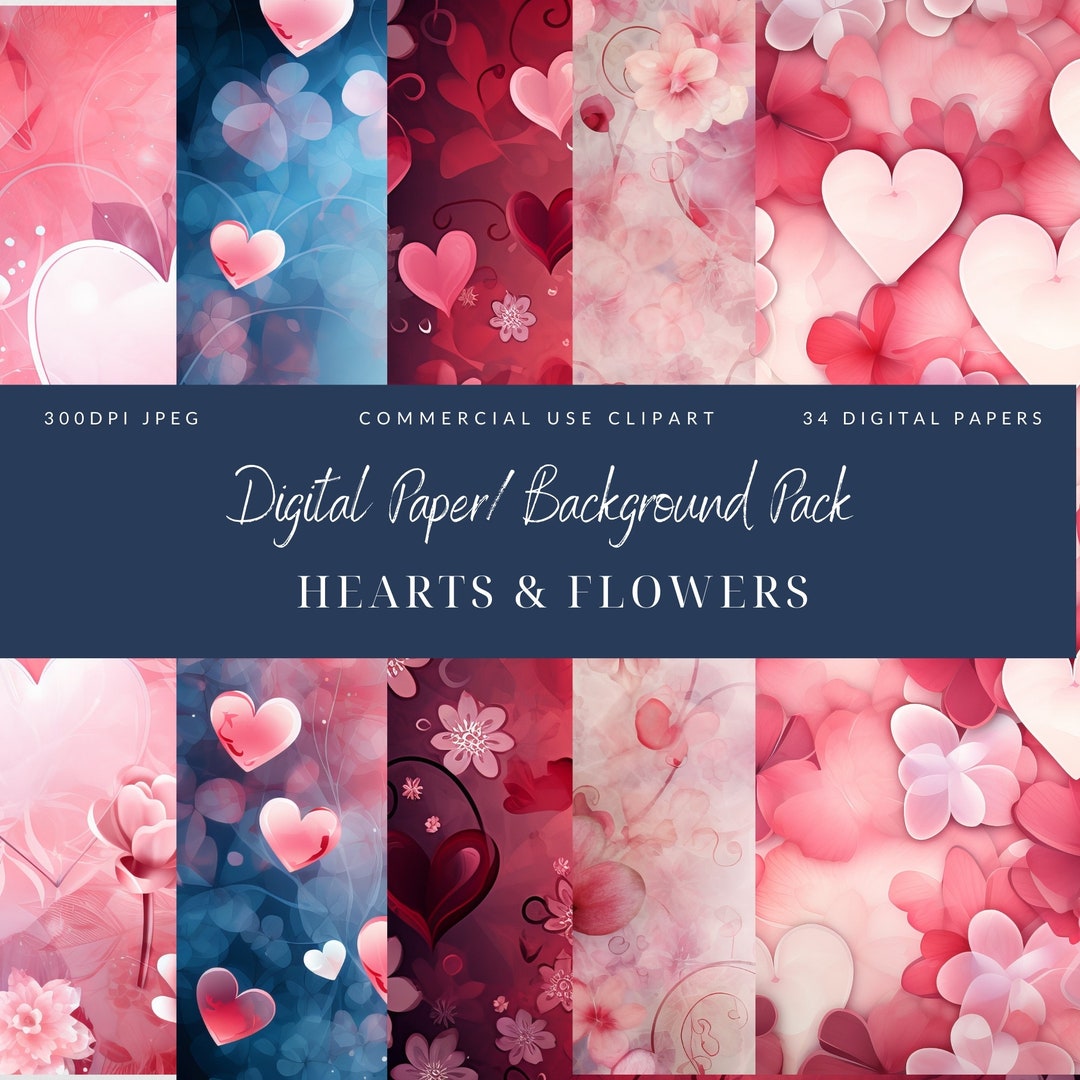 Hearts & Flower Background- Digital Papers-craft Supplies-scrapbooking ...
