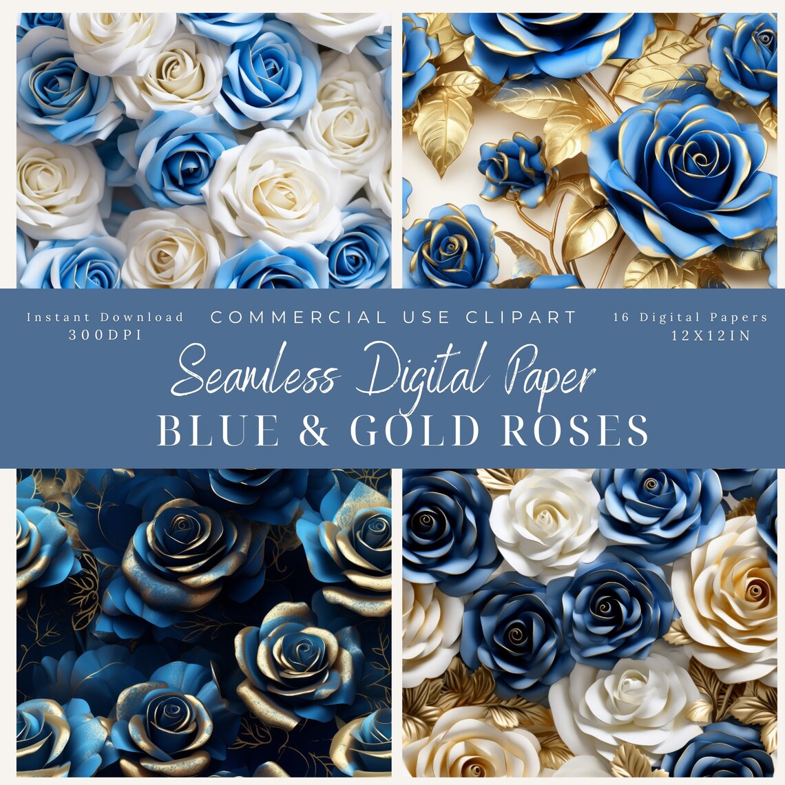 Blue and Gold Roses Seamless Digital Paper Clipart, Floral Patterns ...