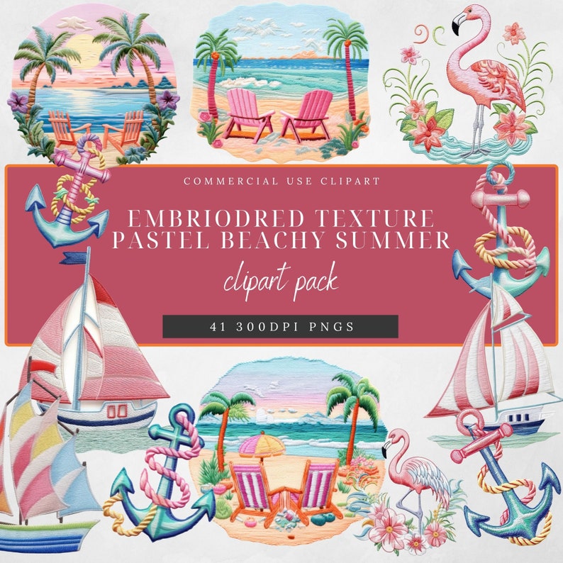 Pastel Summer Beach Embroidery Designs Clipart | Craft | Digital ...