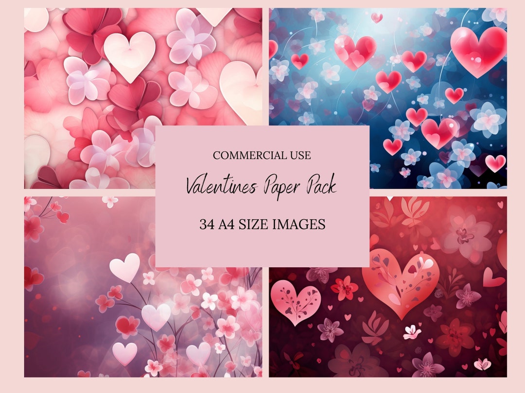 Valentine Hearts & Flower Background A4 - Digital Papers-craft Supplies ...