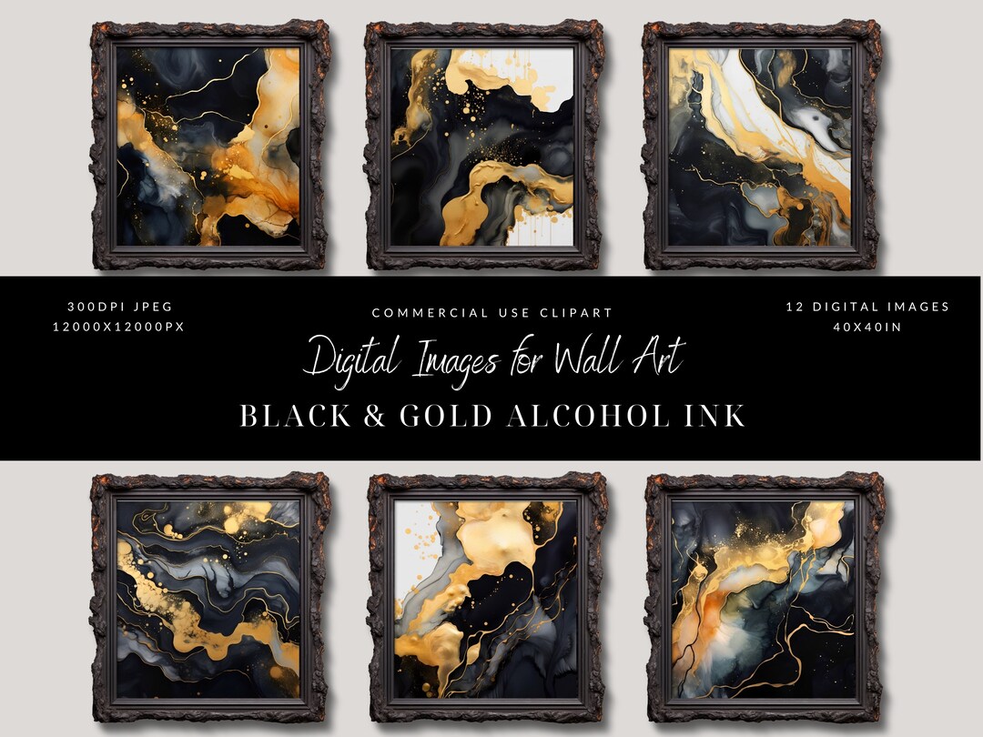 Digital Black and Gold Alcohol Ink Clipart for Wall Art -digital Paper ...