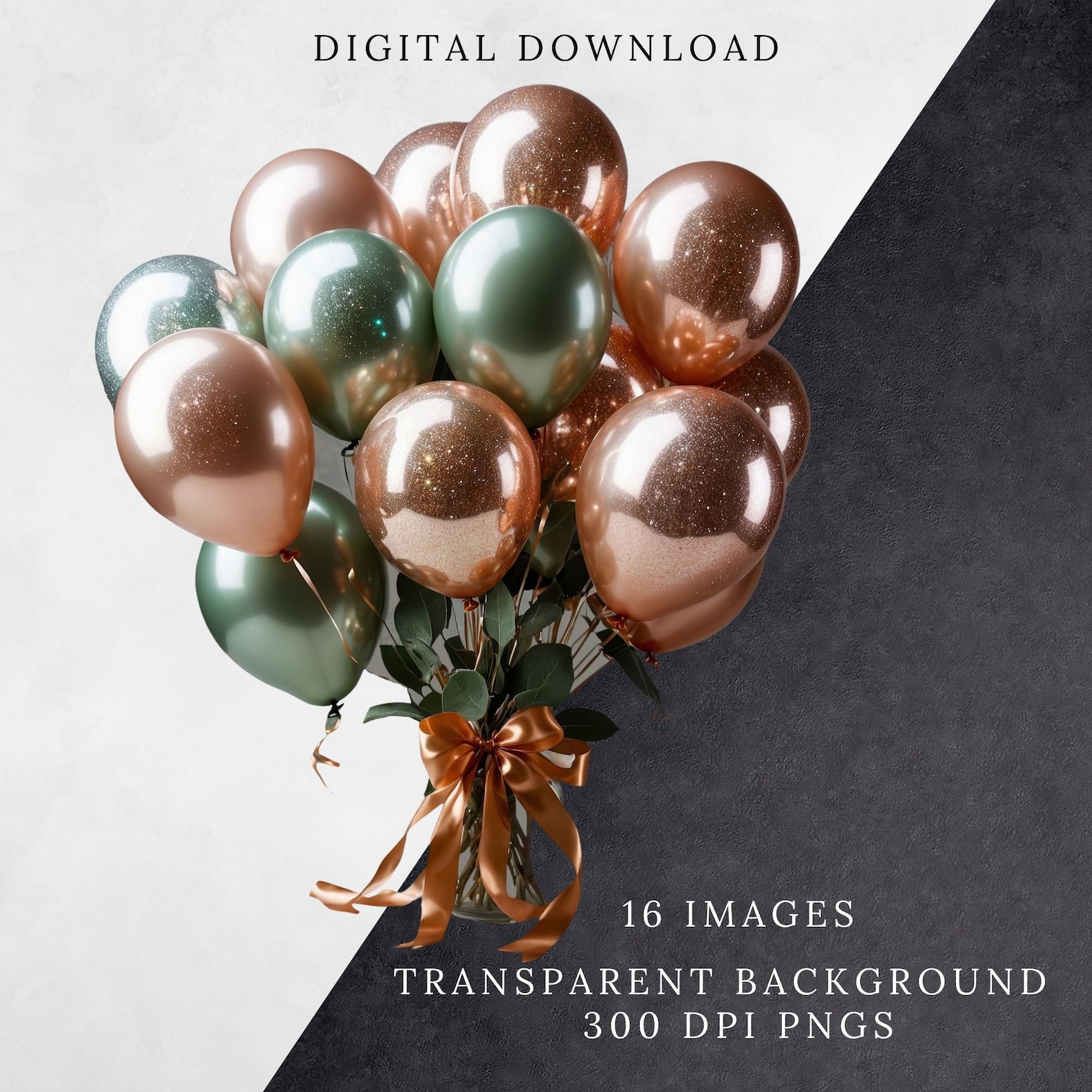 Sage and Rose Gold Balloon Clipart- 300DPI Transparent Png-invites ...