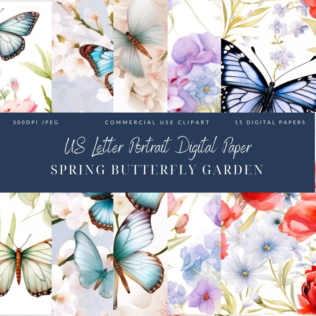 Butterfly Garden Digital Paper: Spring Floral US Letter (digital ...